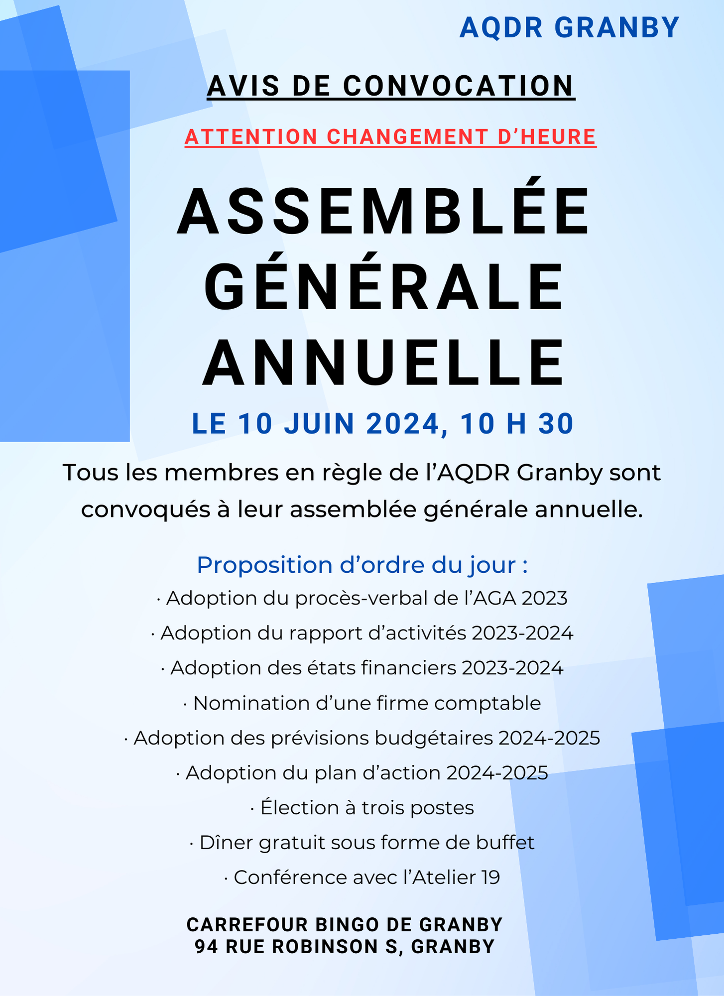 Avis de convocation / AGA 2024 – AQDR Granby